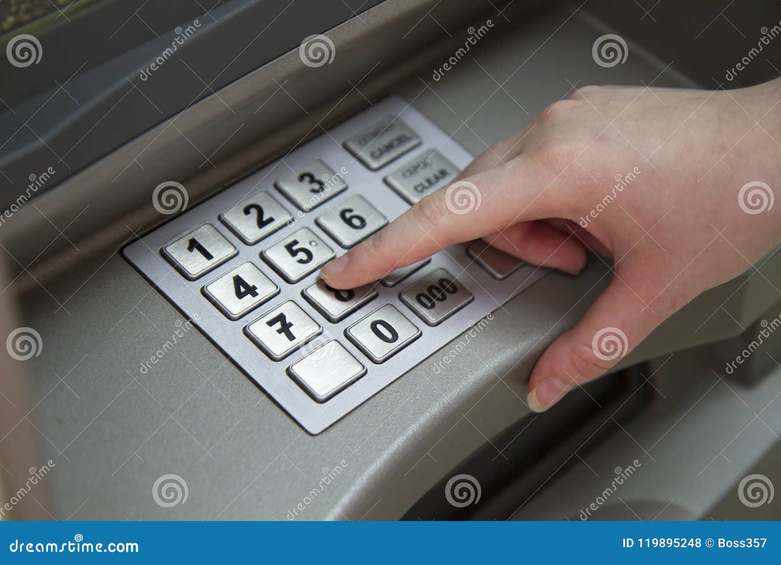 Close-up of Hand Entering PIN Pass Code on ATM Bank Machine Keypad ...