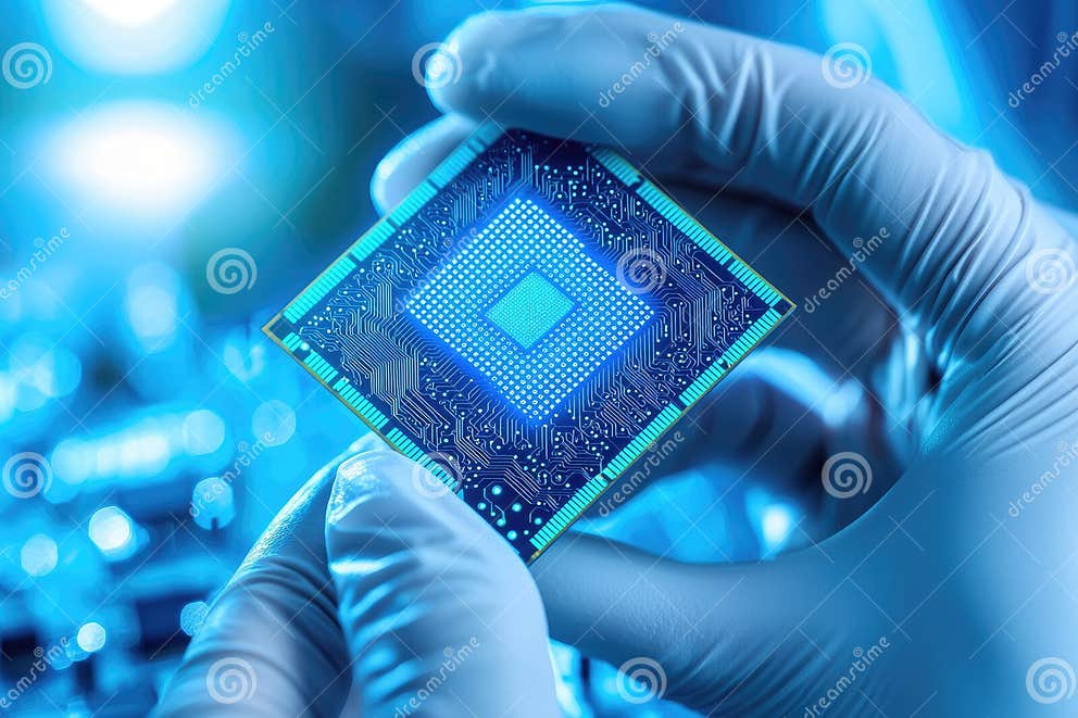 Close-up of a Hand Holding a Futuristic Microprocessor in a Laboratory, Showcasing Advanced ...