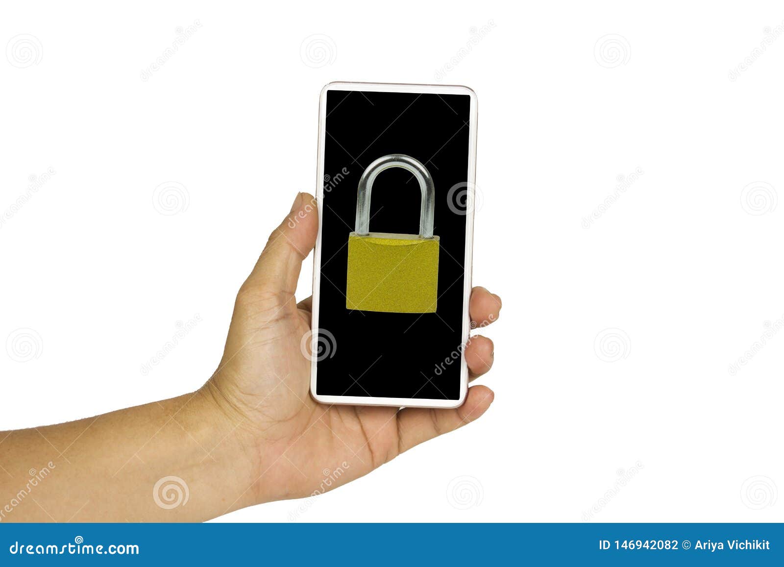 Close-up Hand Holding White Mobile Phone with Lock Key Black Screen on ...