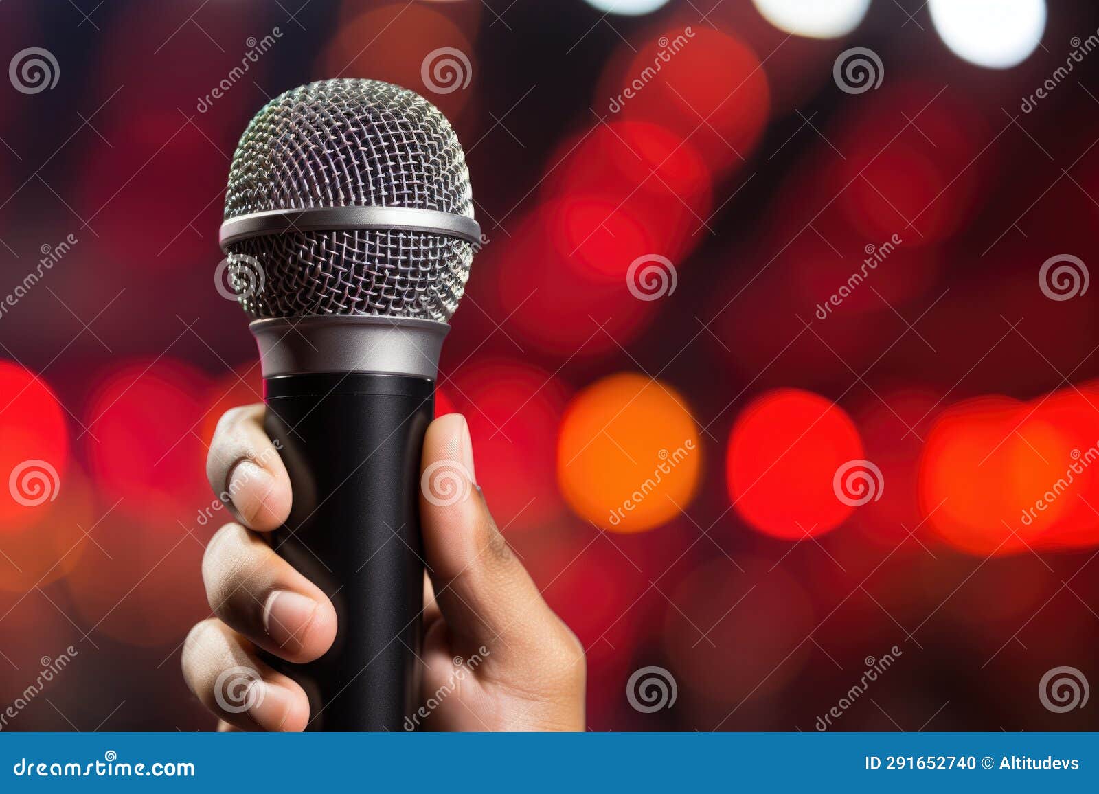 Close-up of a Hand Holding a Wireless Microphone with a Blurred Stage ...