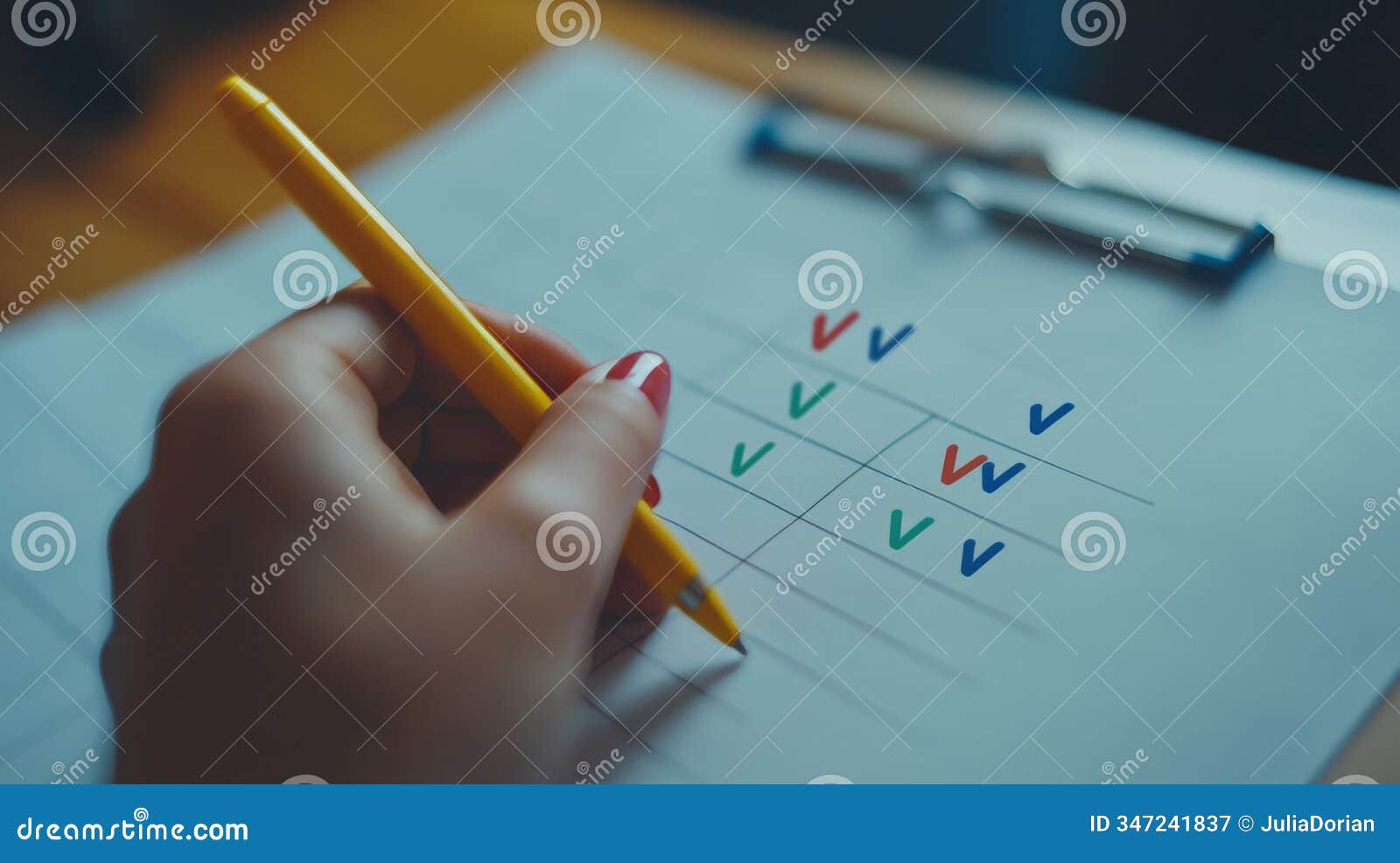 Close-up of Hand Holding Yellow Pen Checking Off Boxes on Checklist ...
