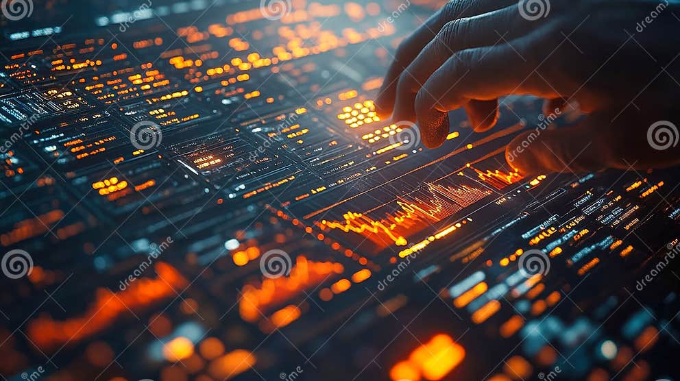 Close-up of Hand Interacting with Data on a High-tech Digital Panel ...