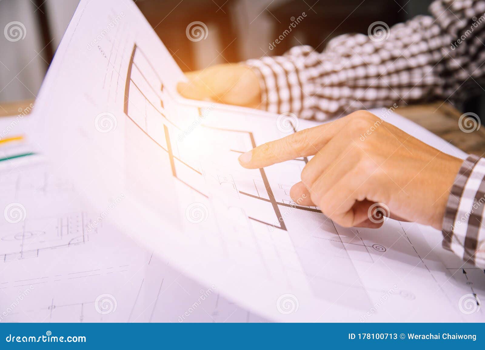 Close-up Hand of Male Architect Drawing Blueprint on Work Space in ...