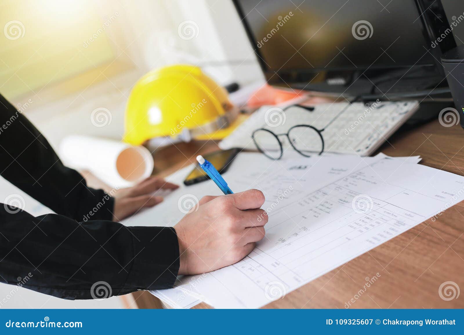 Close-up Hand of Male Architect Writing Documents on Work Space Stock ...