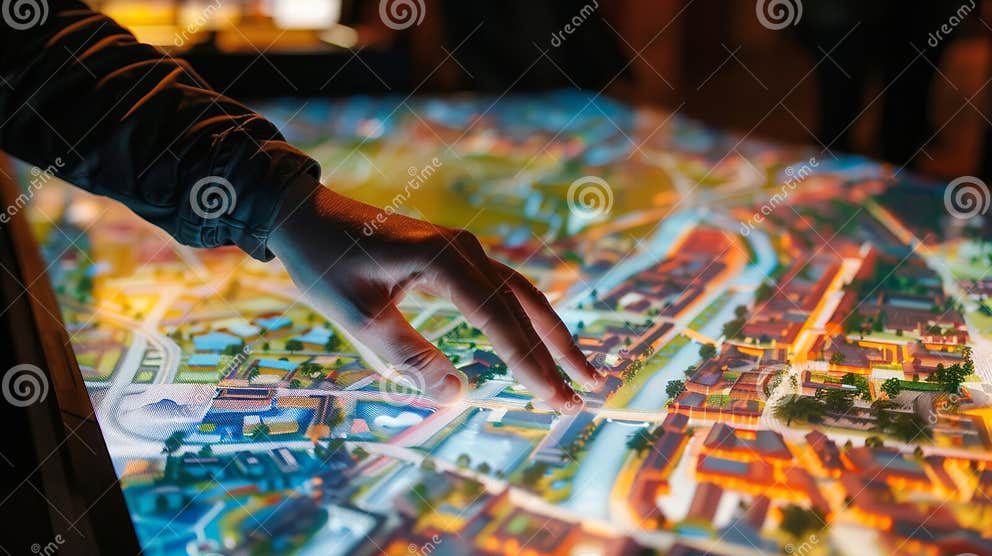 Close-up of a Hand Navigating an Interactive, Illuminated Map on a ...