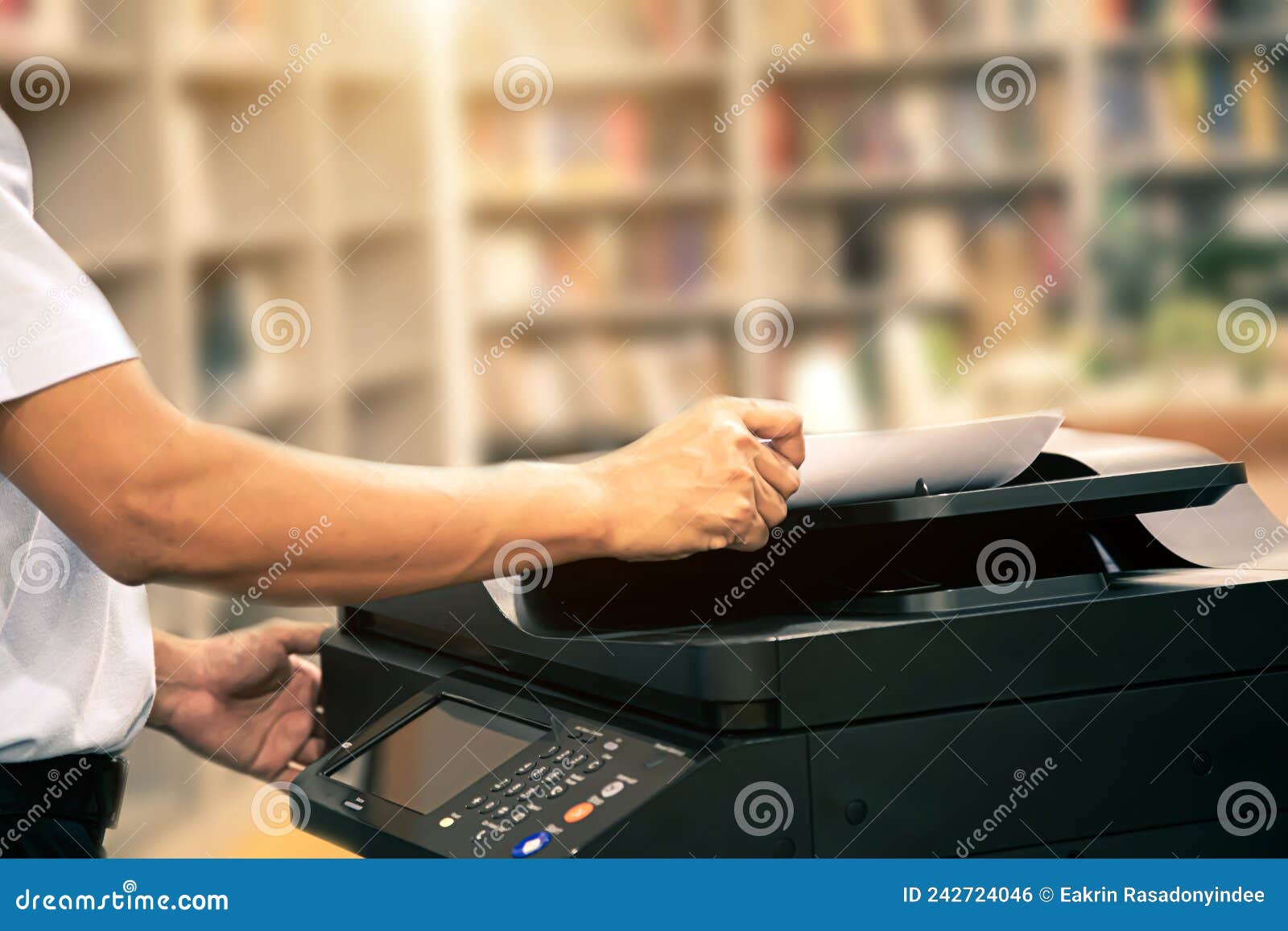 Close Up Hand Office Man Insert Paper on Panel To Using the Copier or ...