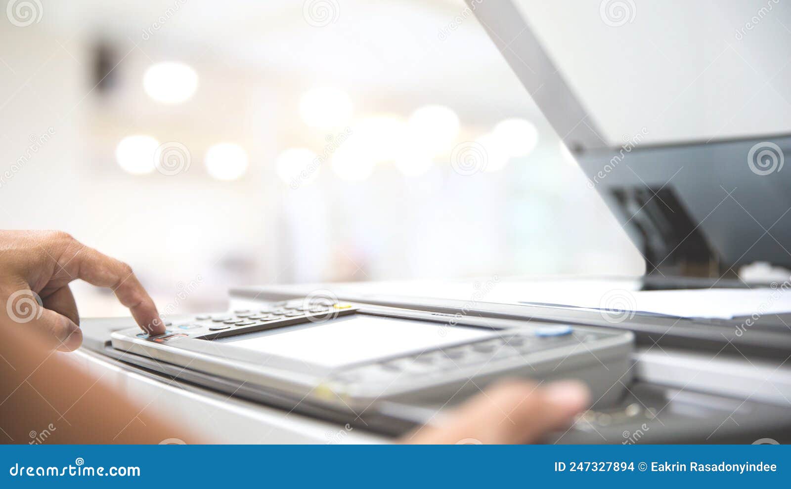 Close Up Hand Office Man Press Copy Button on Panel To Using the Copier ...