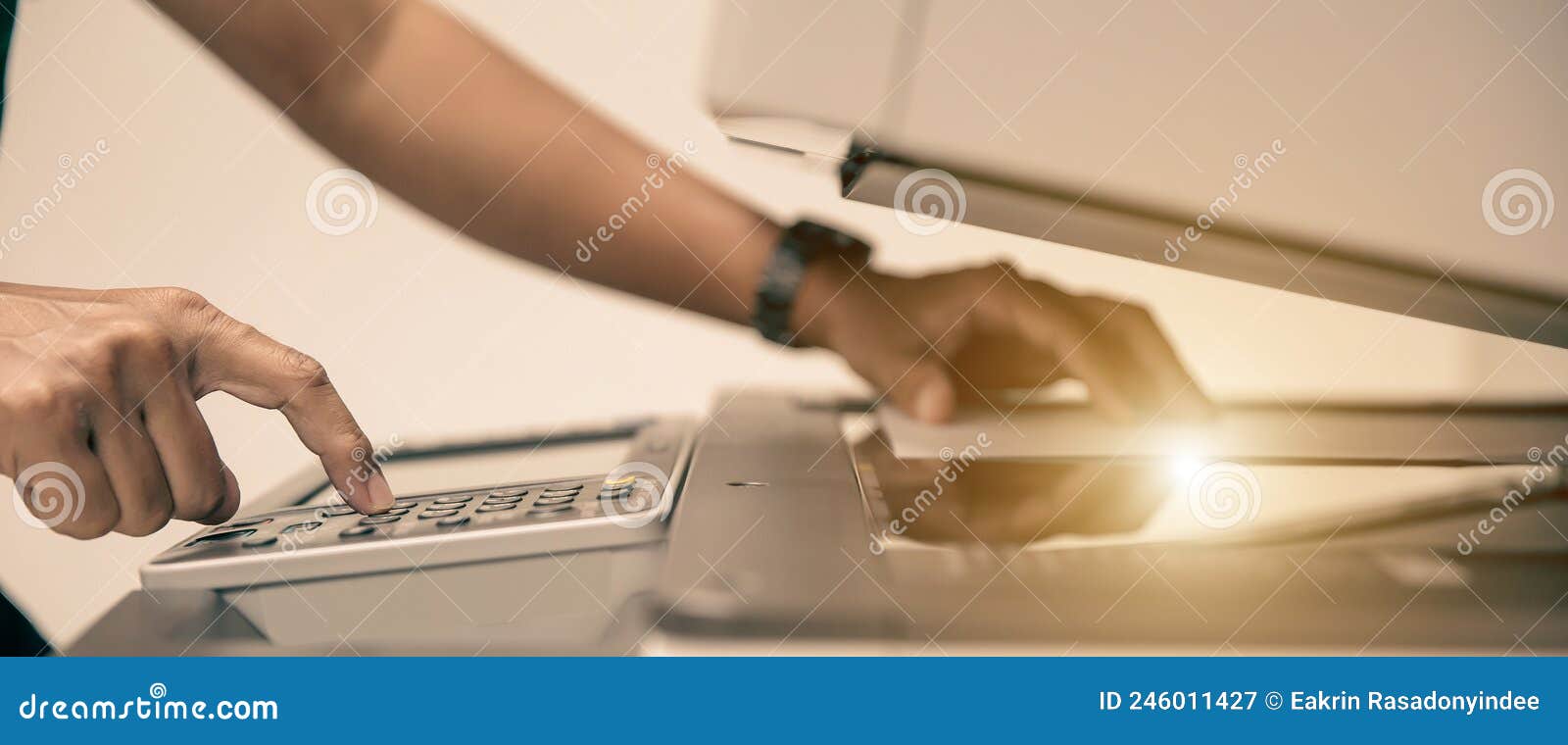 Close Up Hand Office Man Press Copy Button on Panel To Using the Copier ...