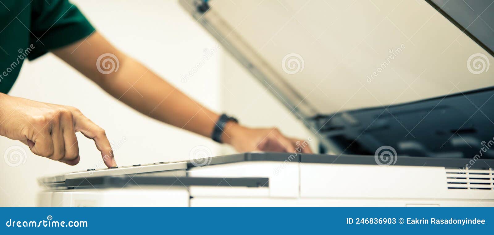 Close Up Hand Office Man Press Copy Button on Panel To Using the Copier ...