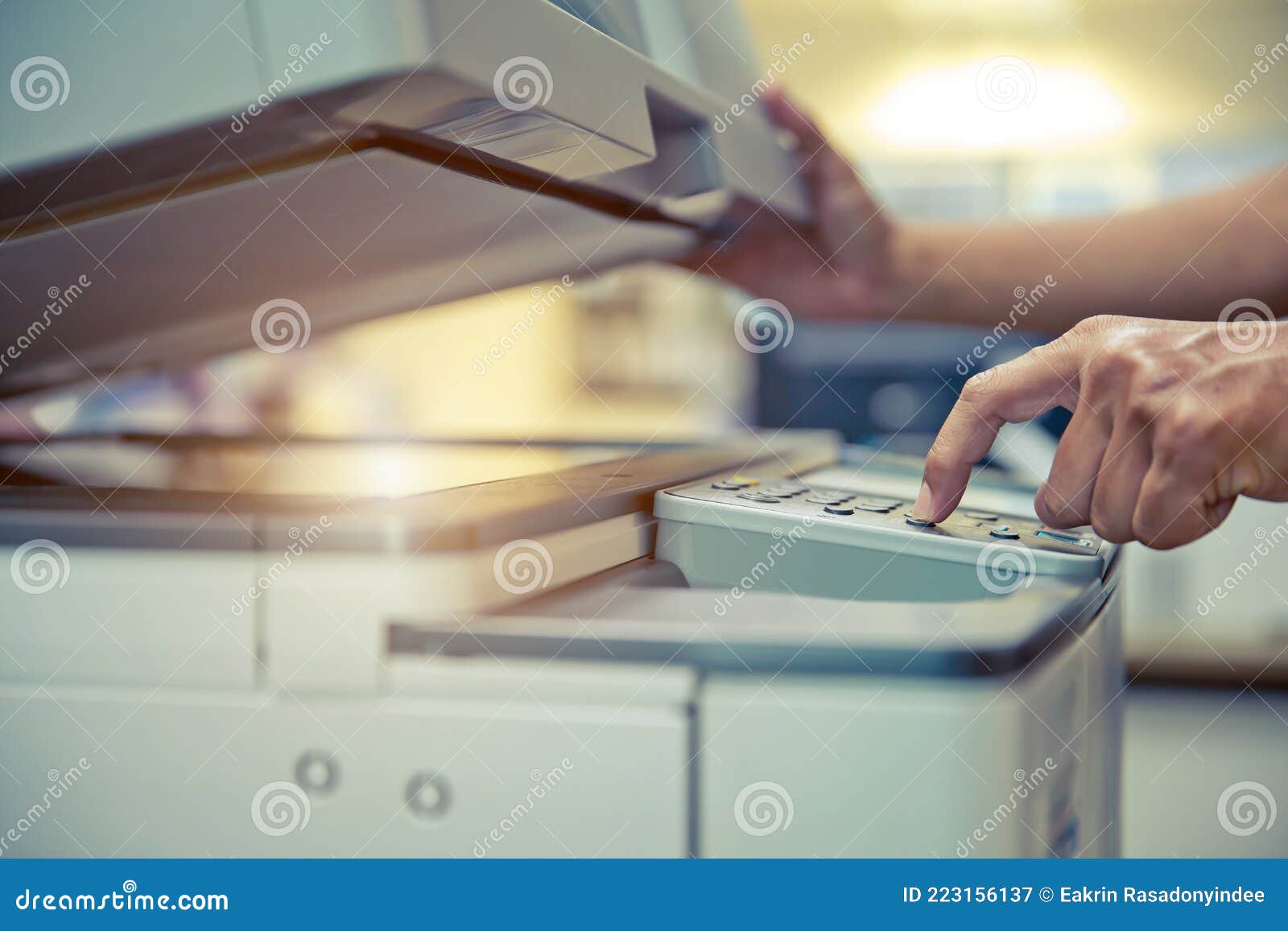 Close Up Hand Office Man Press Copy Button on Panel To Using the Copier ...