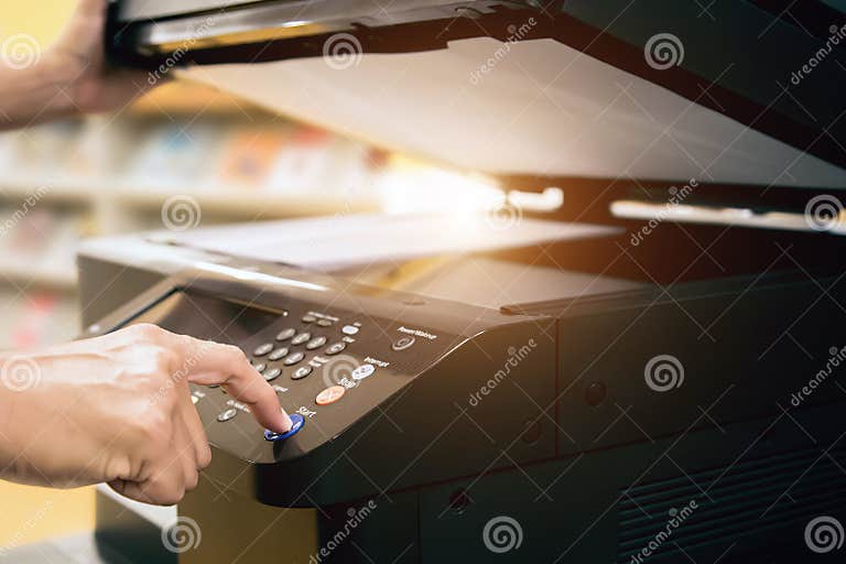 Close Up Hand Office Man Press Copy Button on Panel To Using the Copier ...