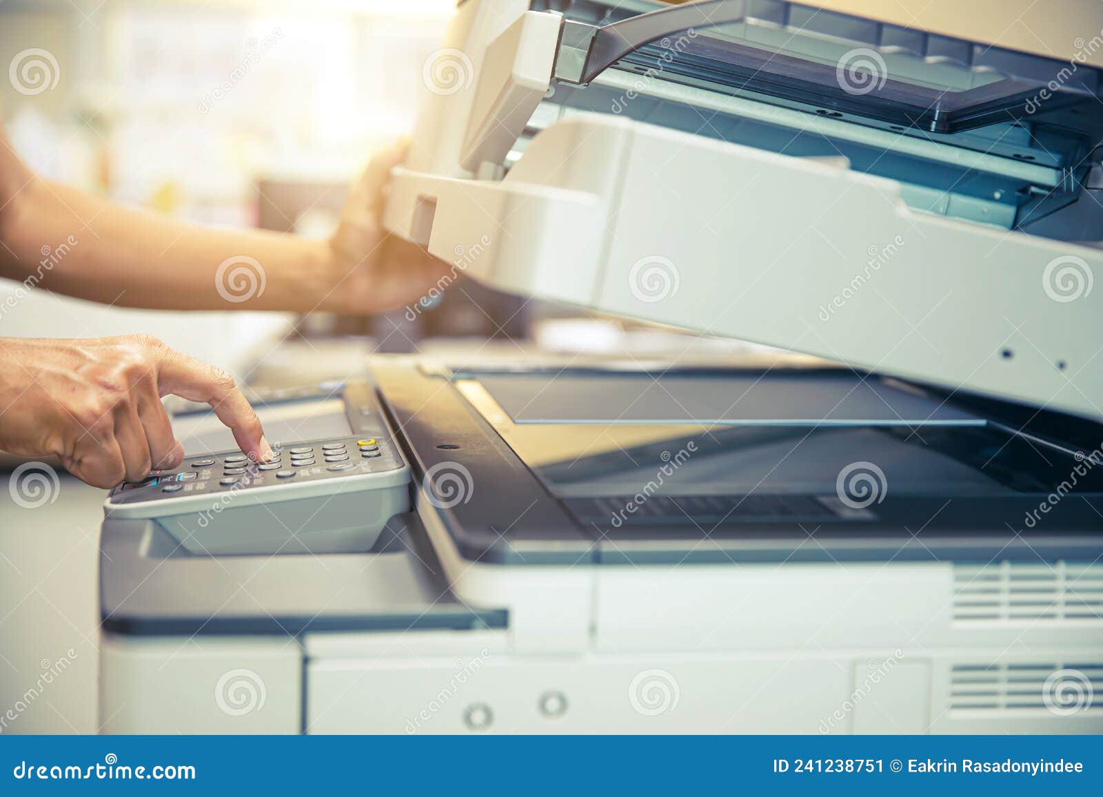 Close Up Hand Office Man Press Copy Button on Panel To Using the Copier ...