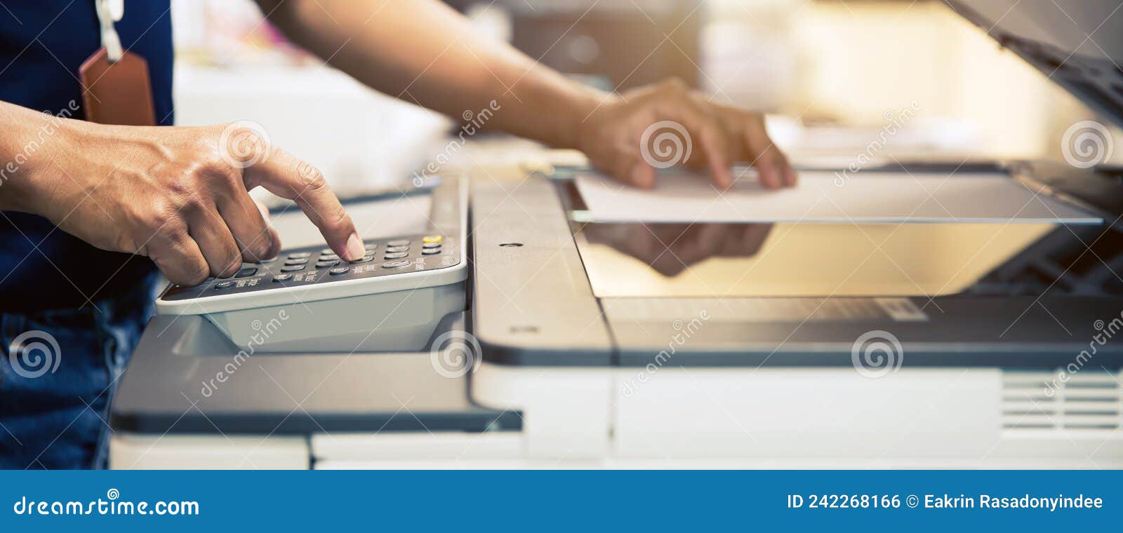 Close Up Hand Office Man Press Copy Button on Panel To Using the Copier ...