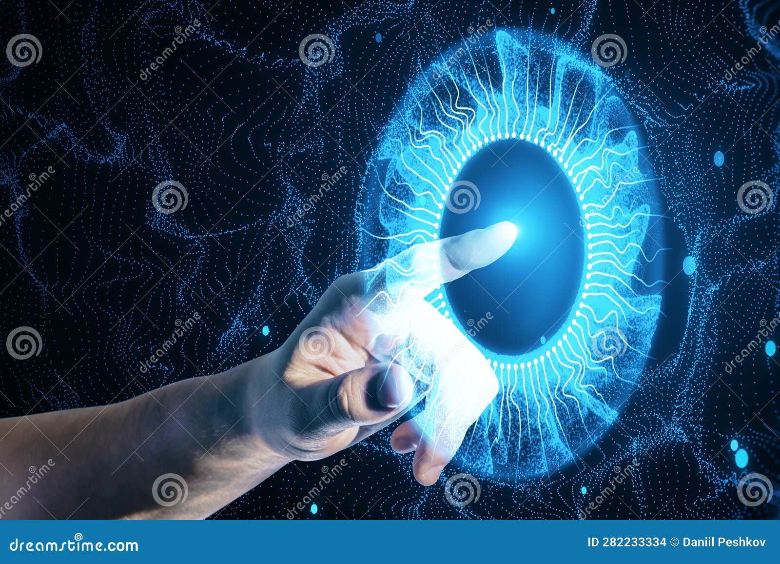 Close Up of Hand Pointing at Abstract Digital Eye Iris on Blurry Tech ...