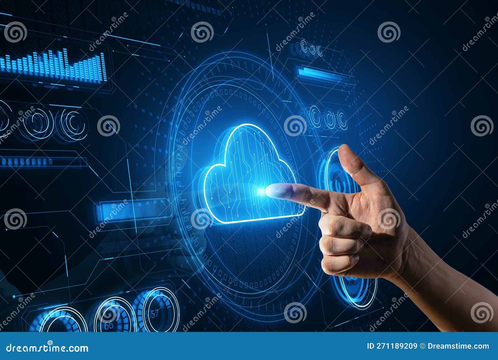 Close Up of Hand Pointing at Glowing Cloud Computing Hologram on ...
