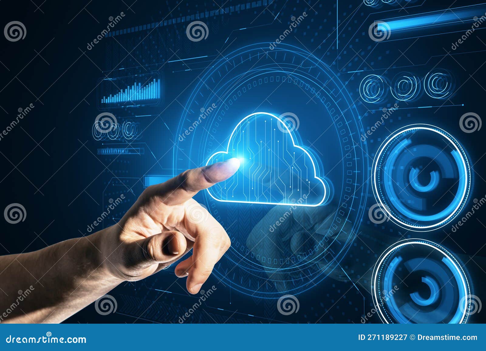 Close Up of Hand Pointing at Glowing Cloud Computing Hologram on ...