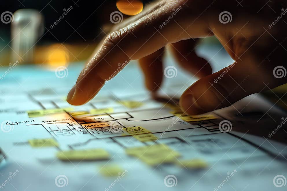Close-up of a Hand Pointing at a Plan with Sticky Notes Stock ...