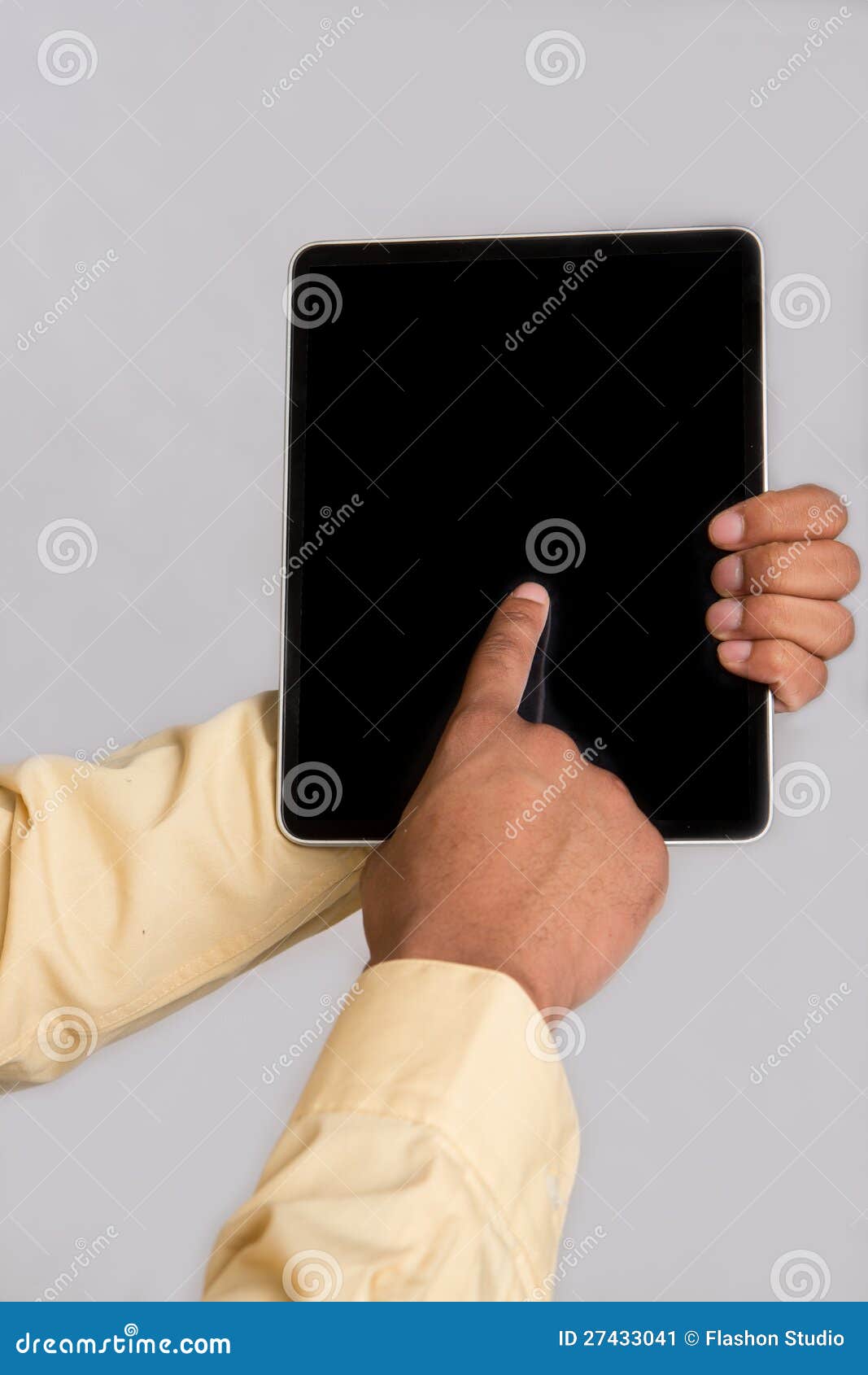 Close Up of Hand Pointing To Tablet PC Stock Image - Image of display ...