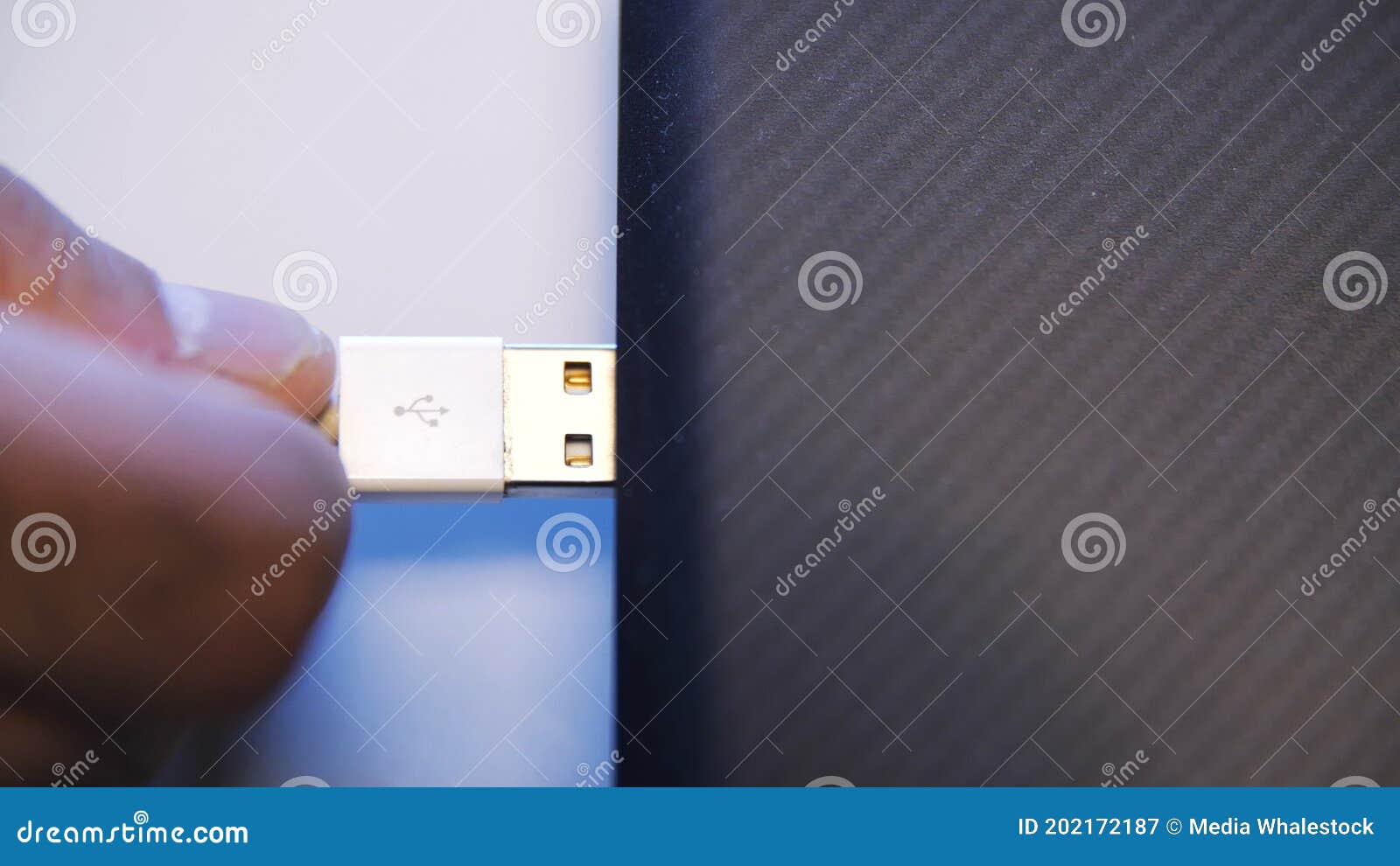 Close Up of Hand Putting USB Cable into External Hard Disk on White ...