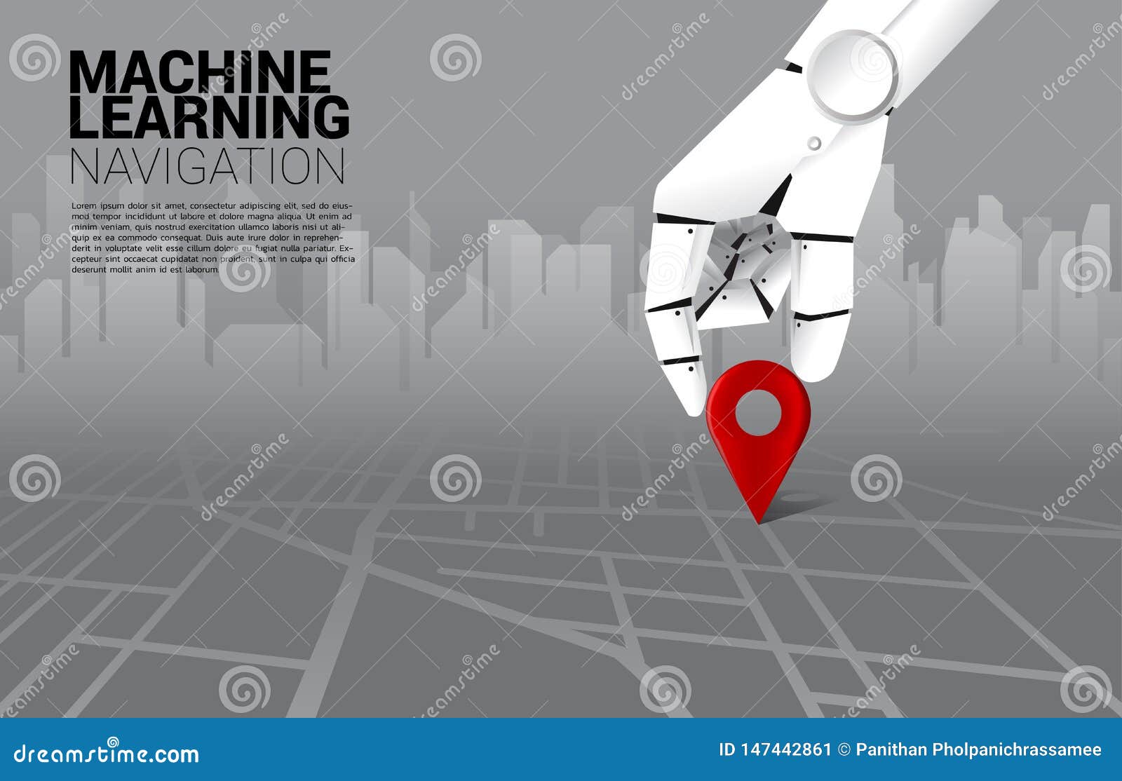 Close Up Hand of Robot Place Location Pin Marker on Road Map. Stock ...