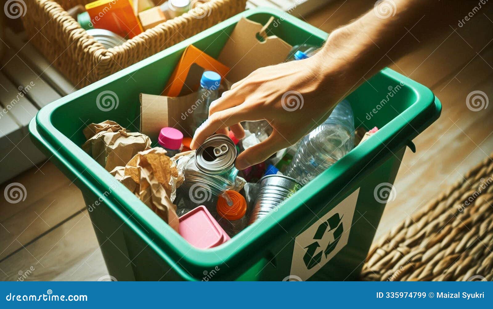 Close-Up of a Hand Sorting Recyclable Materials in a Home Recycling Bin ...