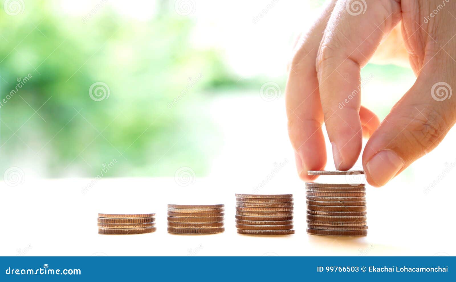 Close Up of Hand Stacking Coins Stock Image - Image of body, heap: 99766503