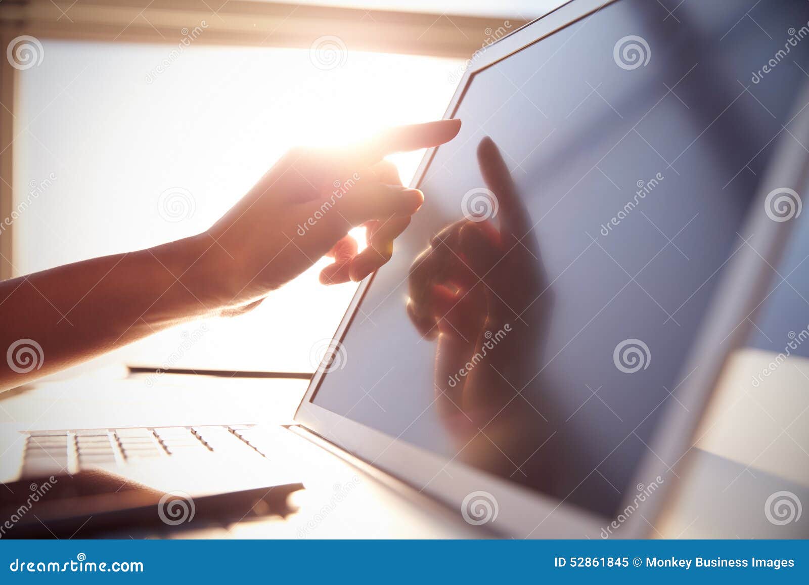 Close Up Hand Touching Laptop Screen with Lens Flare Stock Image ...