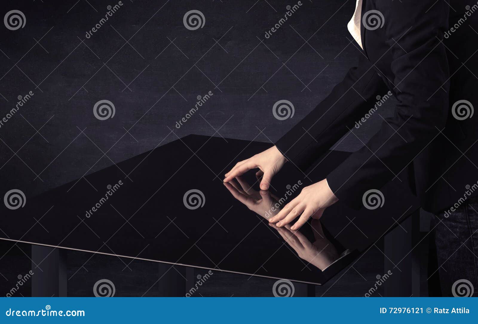 Close Up of a Hand Touching Smart Table with Copy Space Stock Image ...