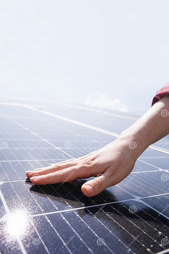 Close-up of a Hand Touching a Solar Panel Stock Image - Image of ...