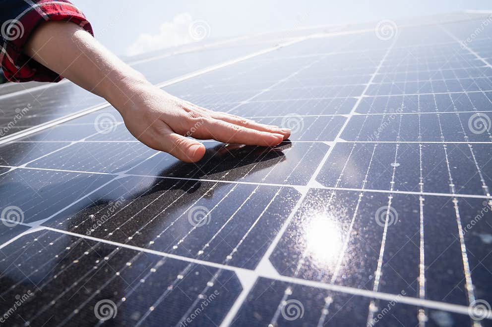 Hand Touching a Solar Panel Stock Photo - Image of photovoltaic ...