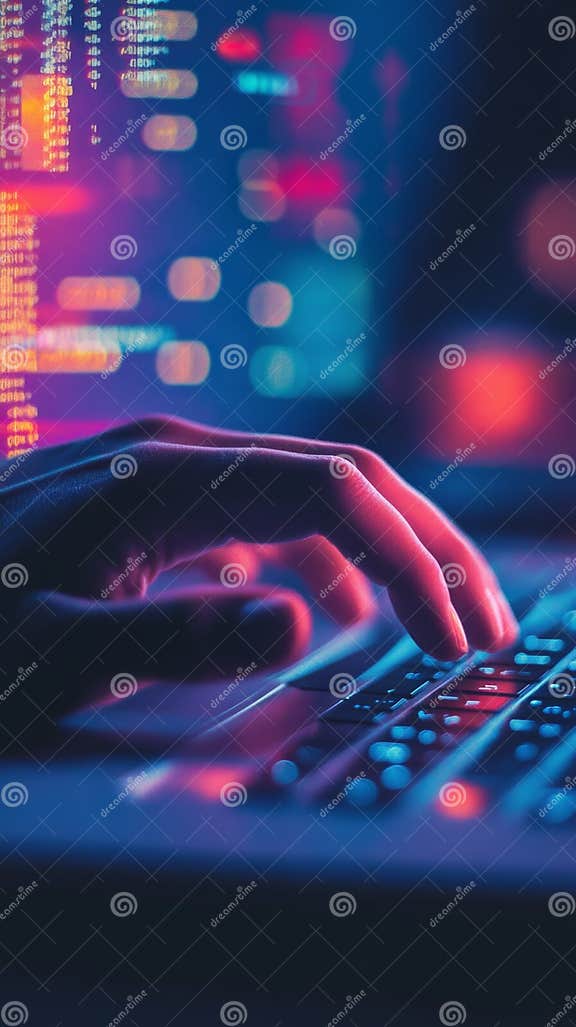 Close-up of a Hand Typing on a Keyboard with Colorful Code on the ...