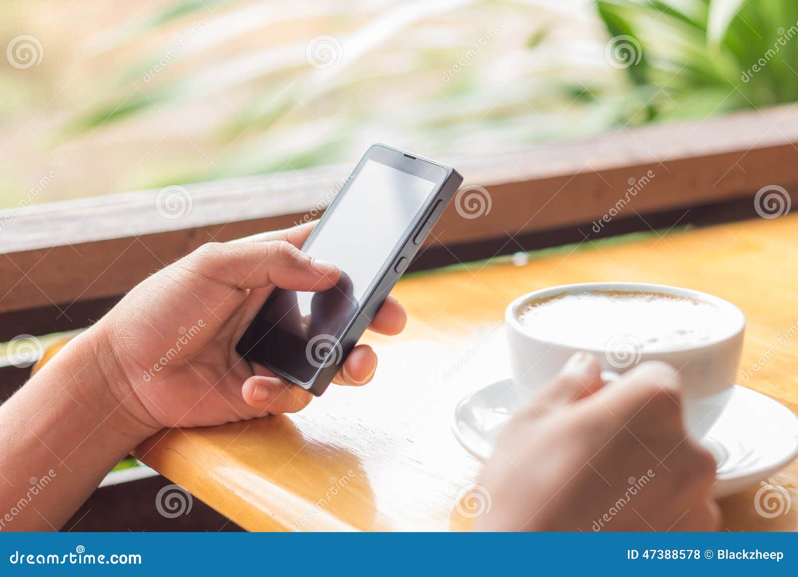 Close Up Hand Use Smartphone Mobile and Drink Coffee Stock Photo ...
