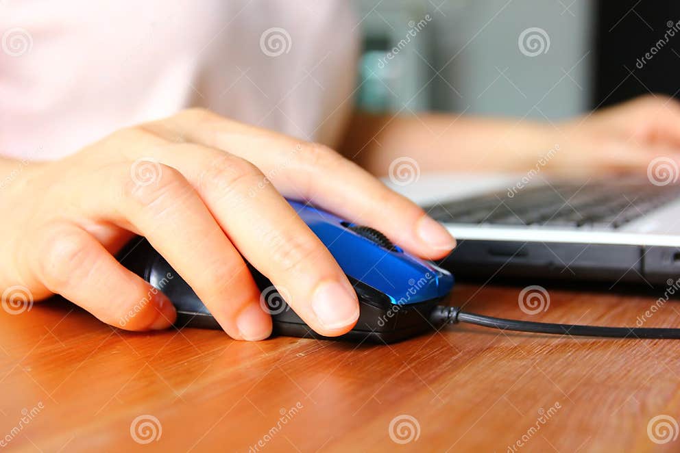 Close Up Hand Using Computer Mouse Working with Loptop , Technology ...