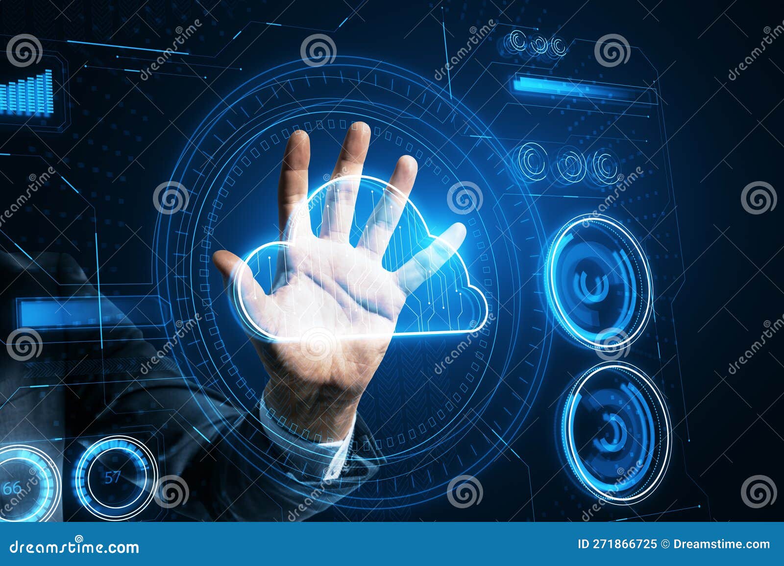 Close Up of Hand Using Glowing Cloud Computing Hologram on Background ...