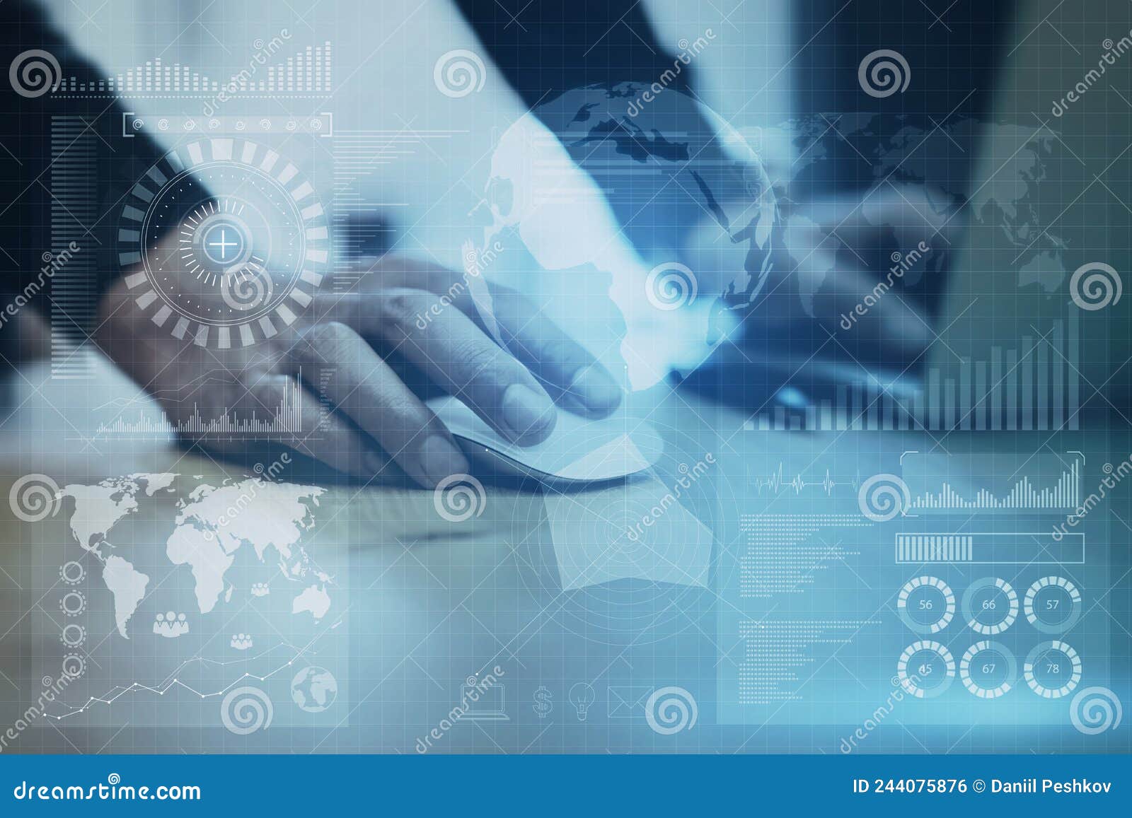 Close Up of Hand Using Laptop Computer with Abstract Global Digital ...