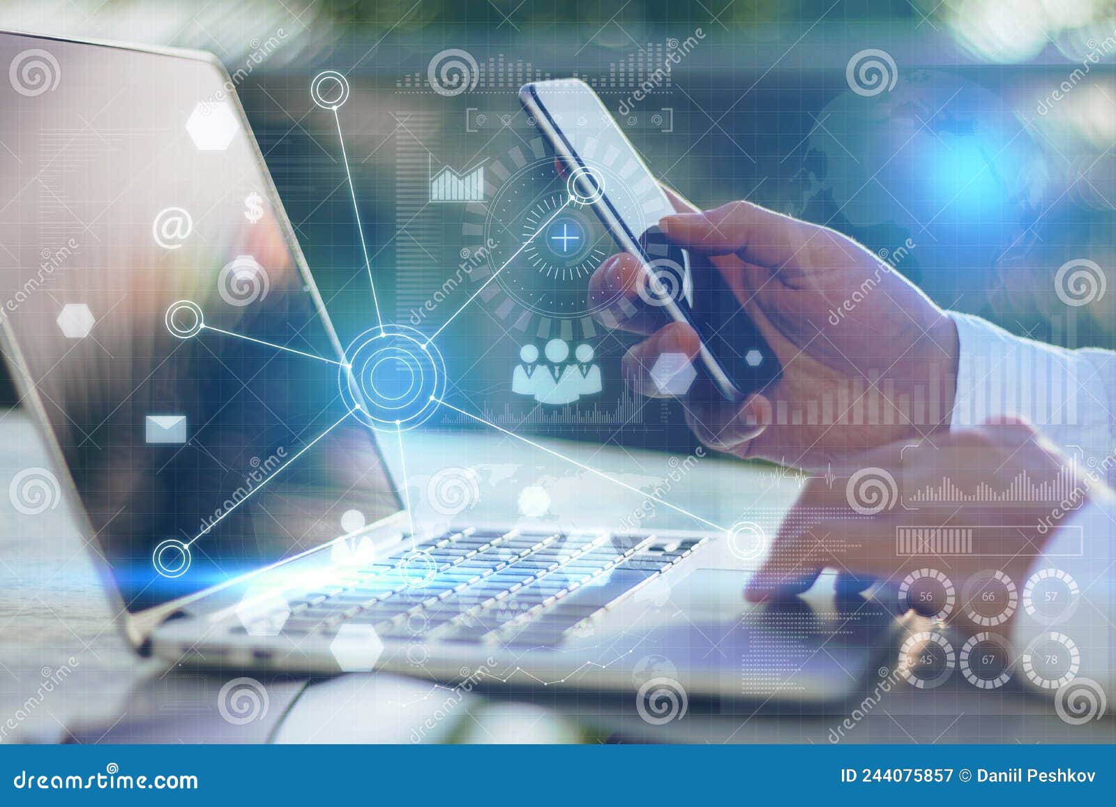 Close Up of Hand Using Laptop and Smartphone with Abstract Global ...