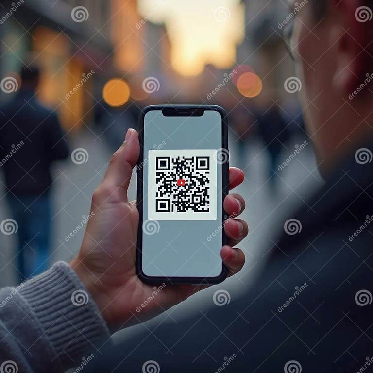Close-up of Hand Using Phone with QR Code Screen. Blurred City ...