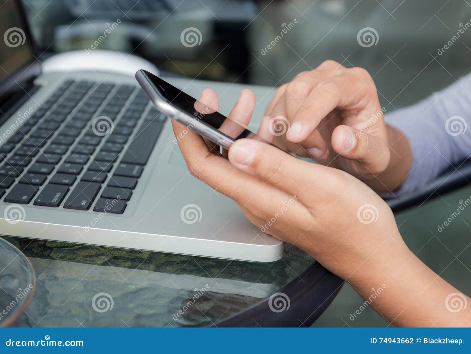 Close Up Hand Using Phone on Work Table Stock Photo - Image of glass ...