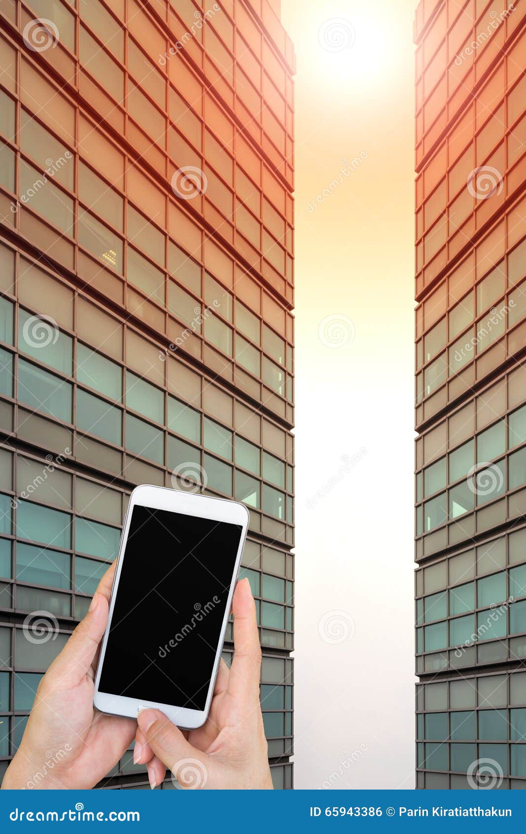 Close Up Hand Using Smart Phone on Modern Building Background. Stock ...