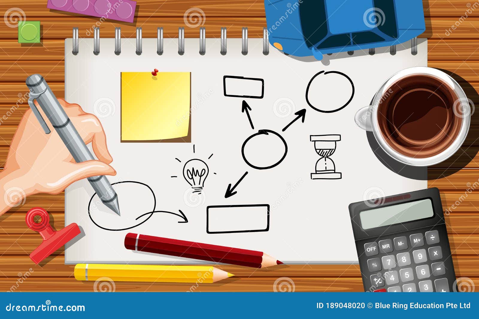 Close Up Hand Writing a Mind Map on Notebook with Calculator and Coffee ...