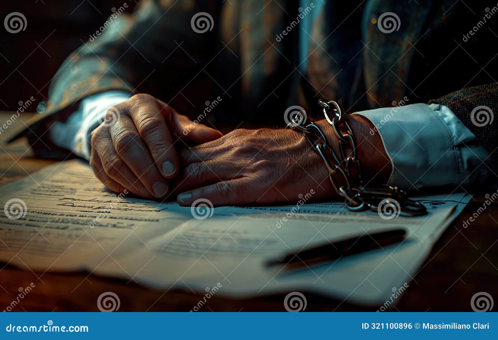 Close-Up of Handcuffed Hands on Legal Documents Stock Illustration ...