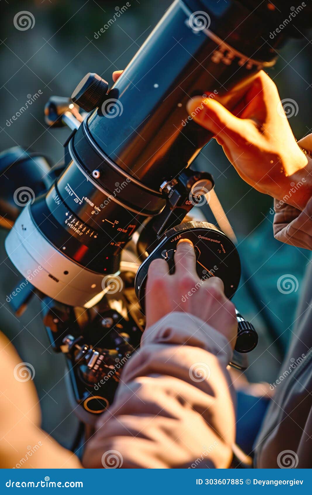 Close-up of Hands Adjusting Telescope Settings for Observation Stock ...