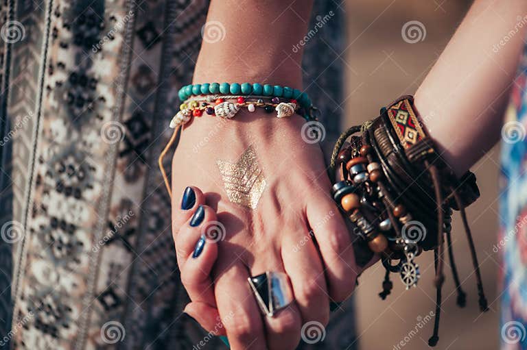 Close Up Hands with Boho Accessories Stock Image - Image of fashion ...