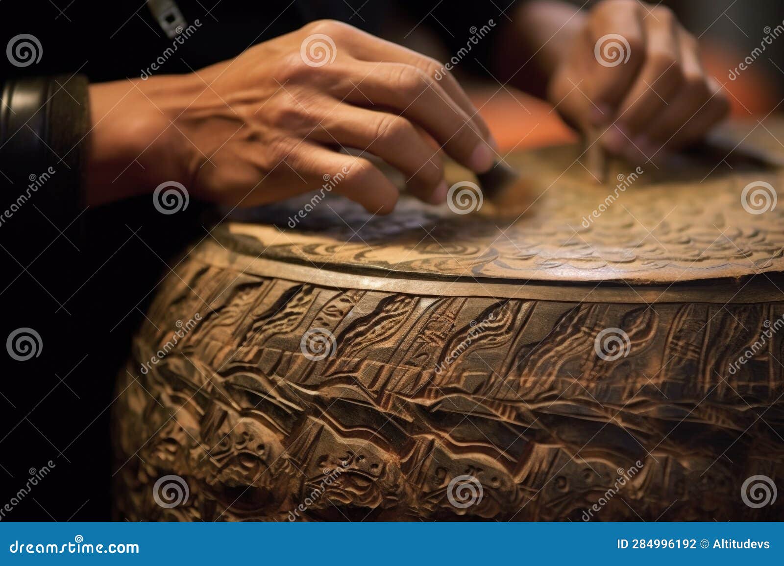 Close-up of Hands Carving Drum Shell Patterns Stock Illustration ...