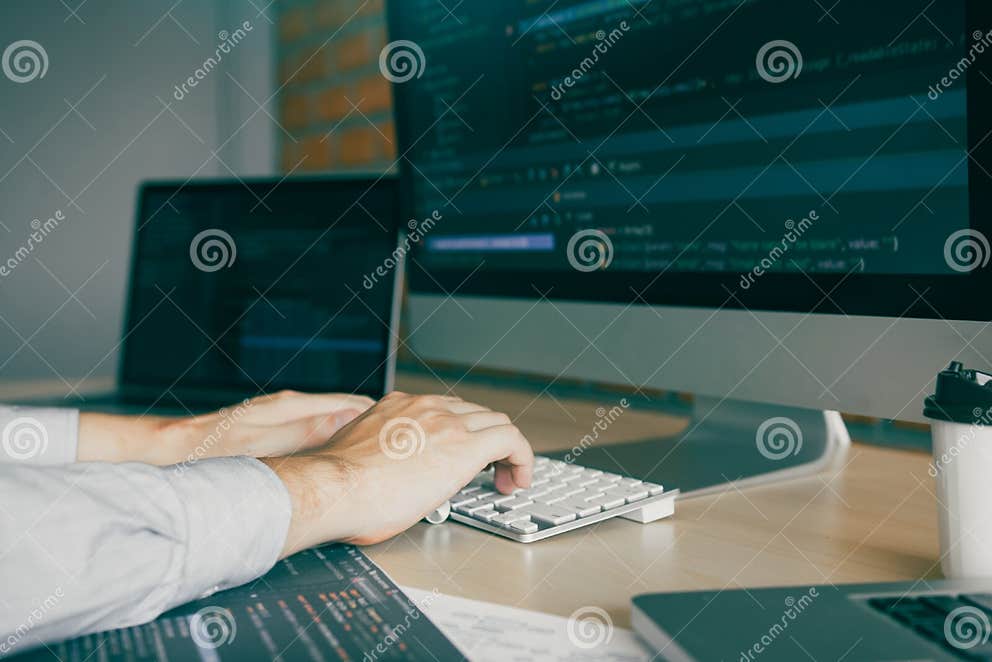 Close Up of Hands Contemporary Website Developer Man Typing and Writing ...