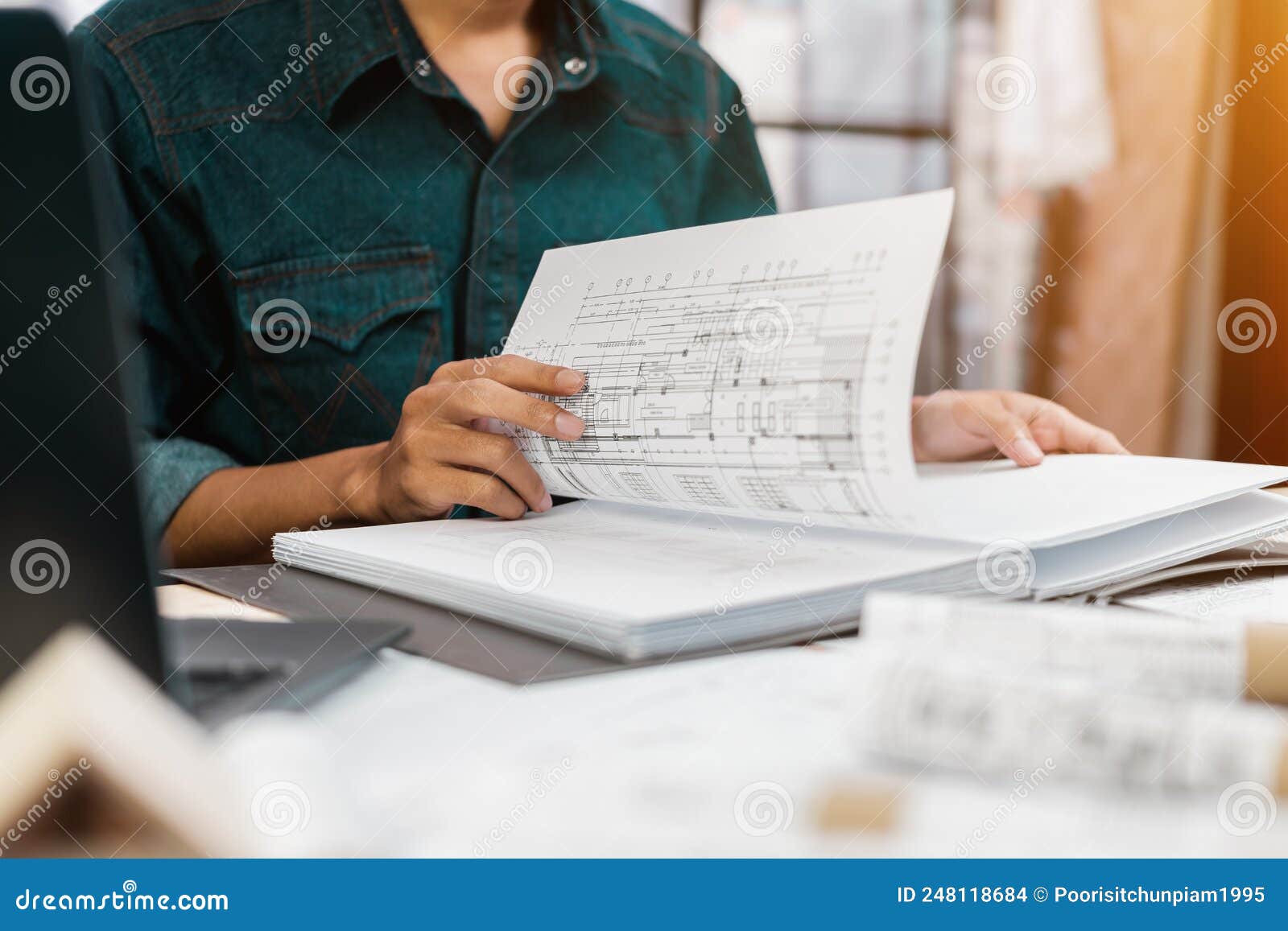 Close Up Hands of an Engineer Reading and Checking on Blueprints Paper ...