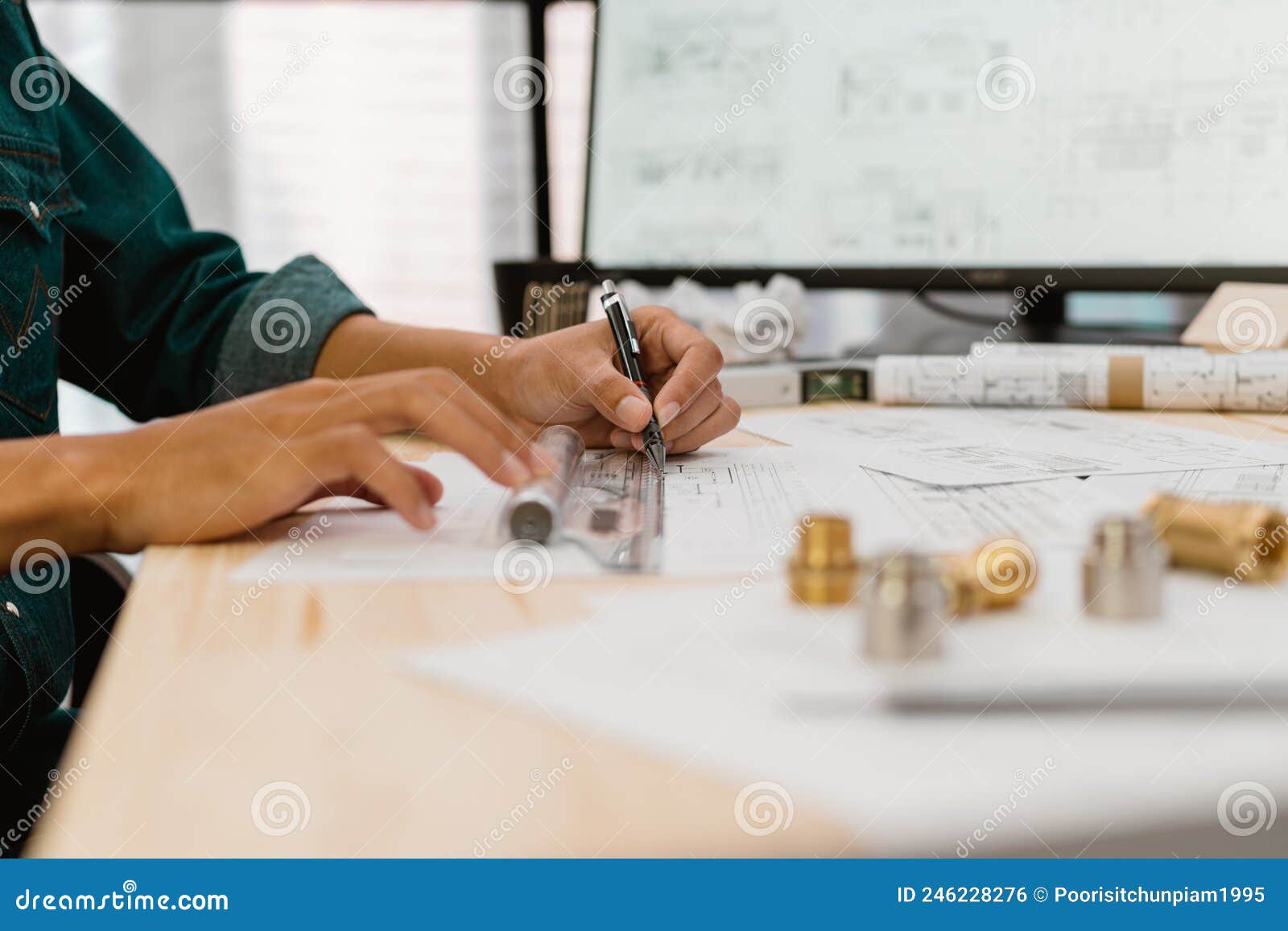 Close Up Hands of an Engineer Working and Checking on Blueprints ...