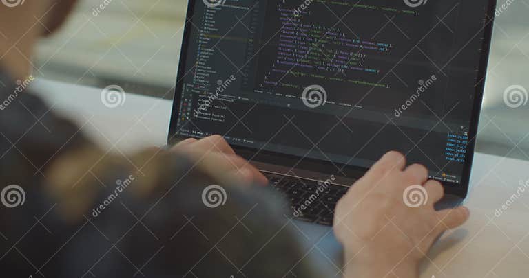Close Up Hands Engineers Developing Software App Using Digital Laptop Computer Typing Code on ...