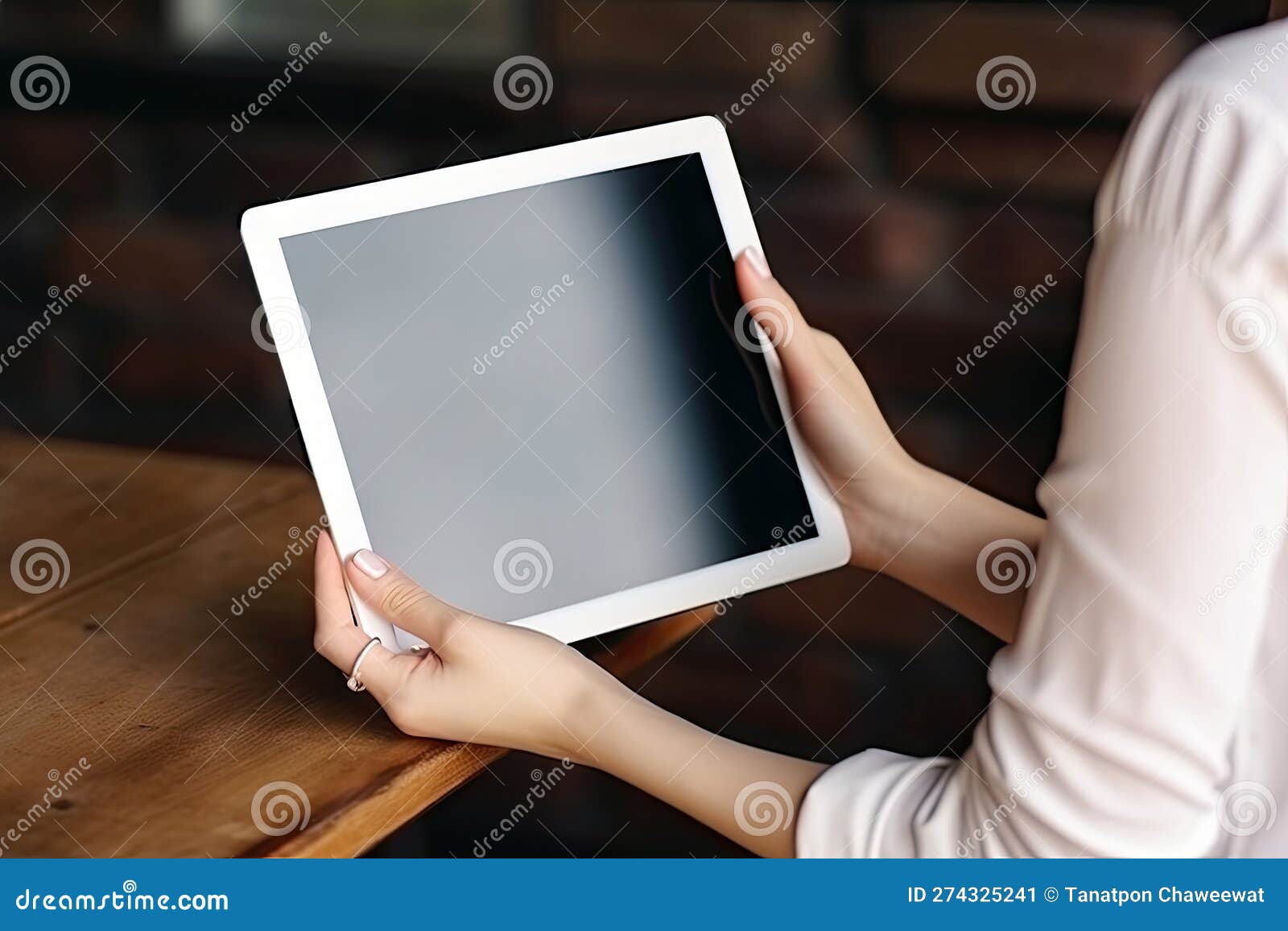 Close Up of Hands Finger Pointing on Tablet at Table Bar, Using and ...