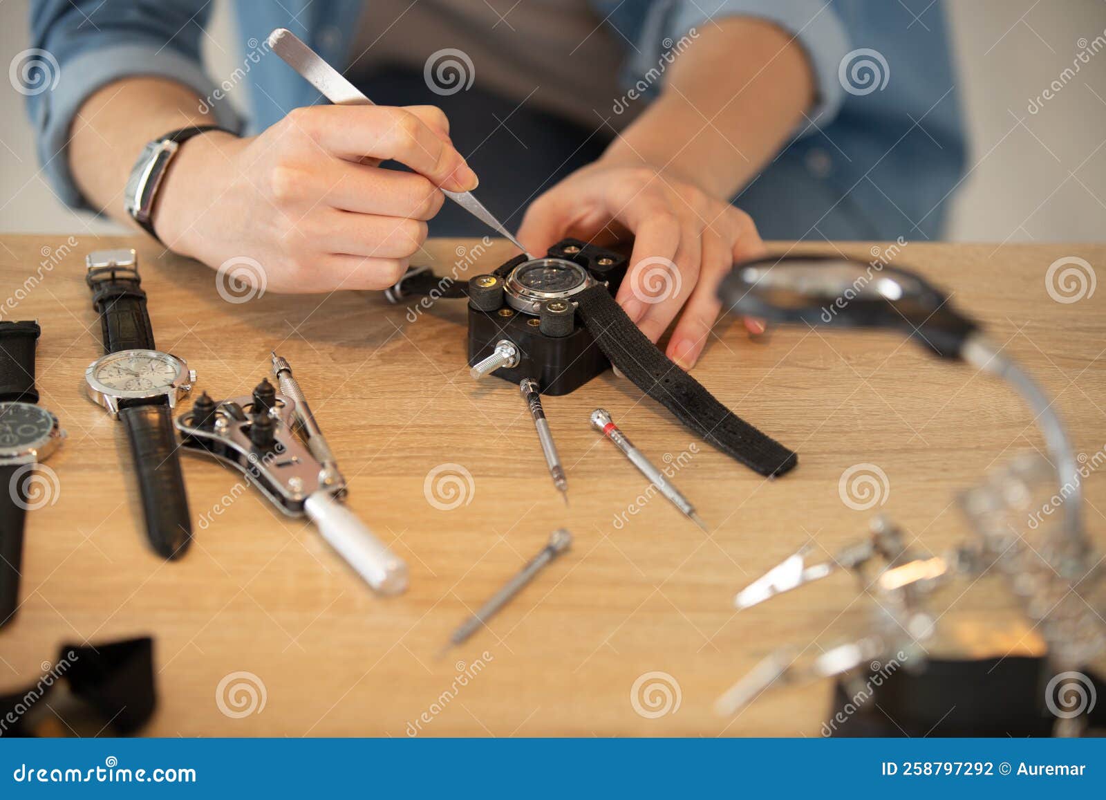 Close Up Hands Fixing Watch Machine Stock Photo - Image of skill ...